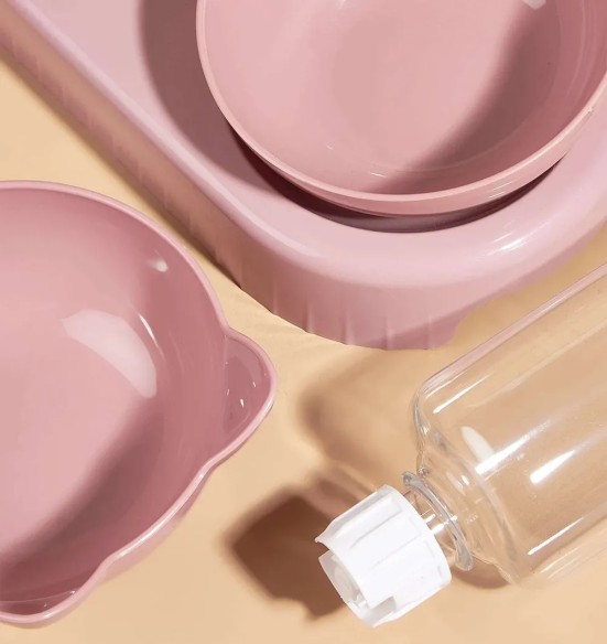 Automaatne kassi jooginõu koos kahe söögikausiga, kalusel.